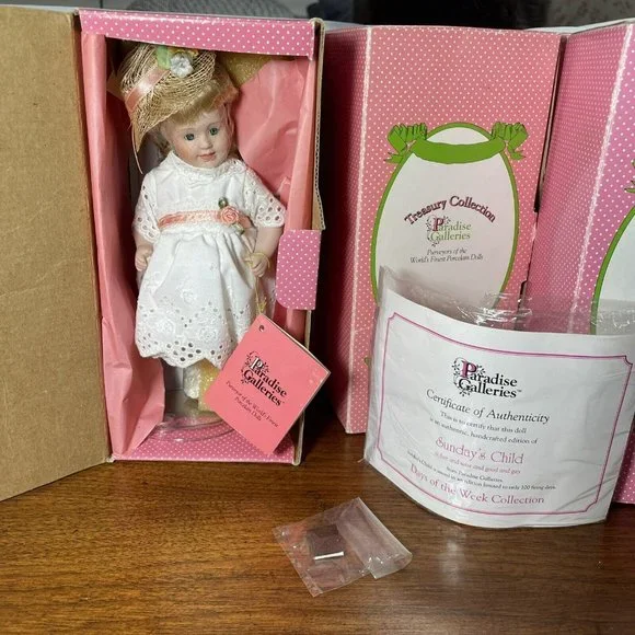 DAYS OF THE WEEK Porcelain Glass DOLLS Set Boxes Accessories Lot of 7 ...